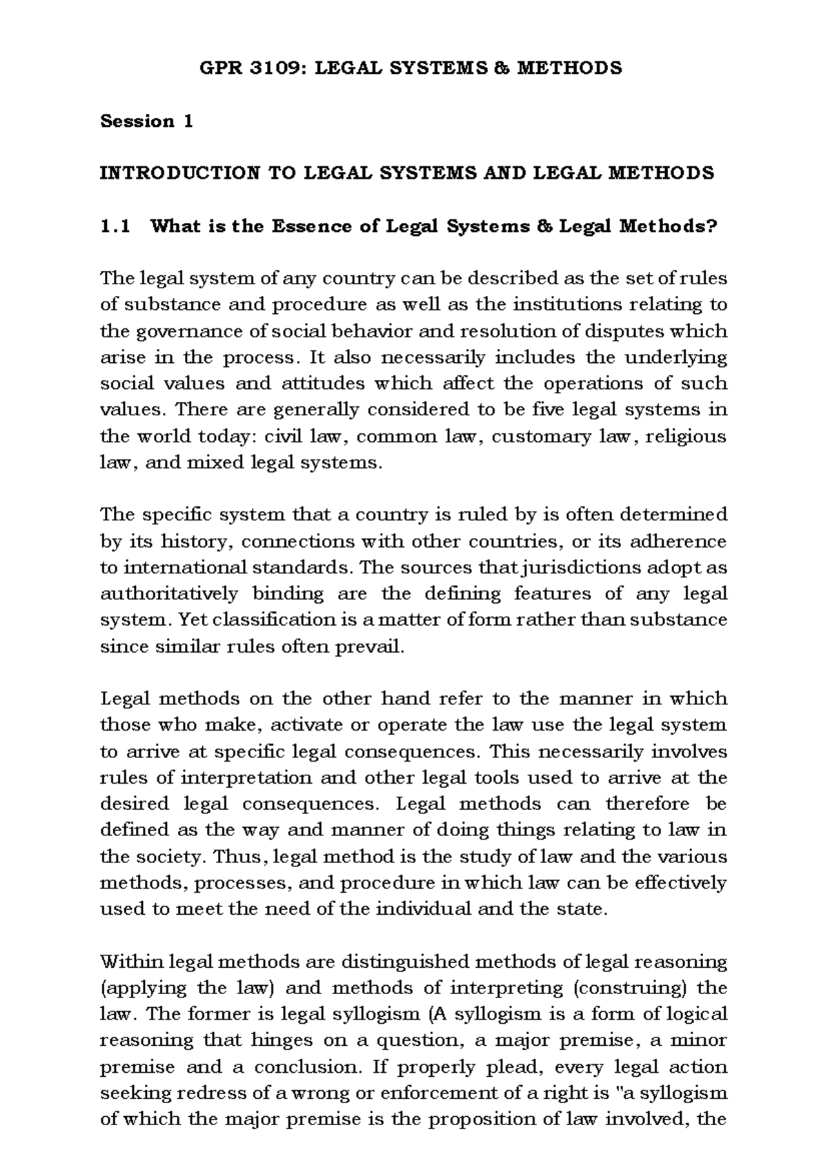 Introduction TO Legal Systems AND Legal Methods - GPR 3109 : LEGAL ...