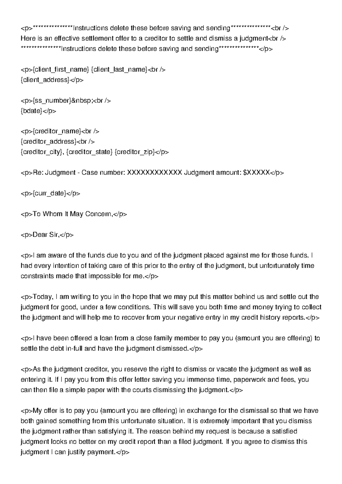 Agreement Offer Settlement to Dismiss Judgment - Instructions delete ...