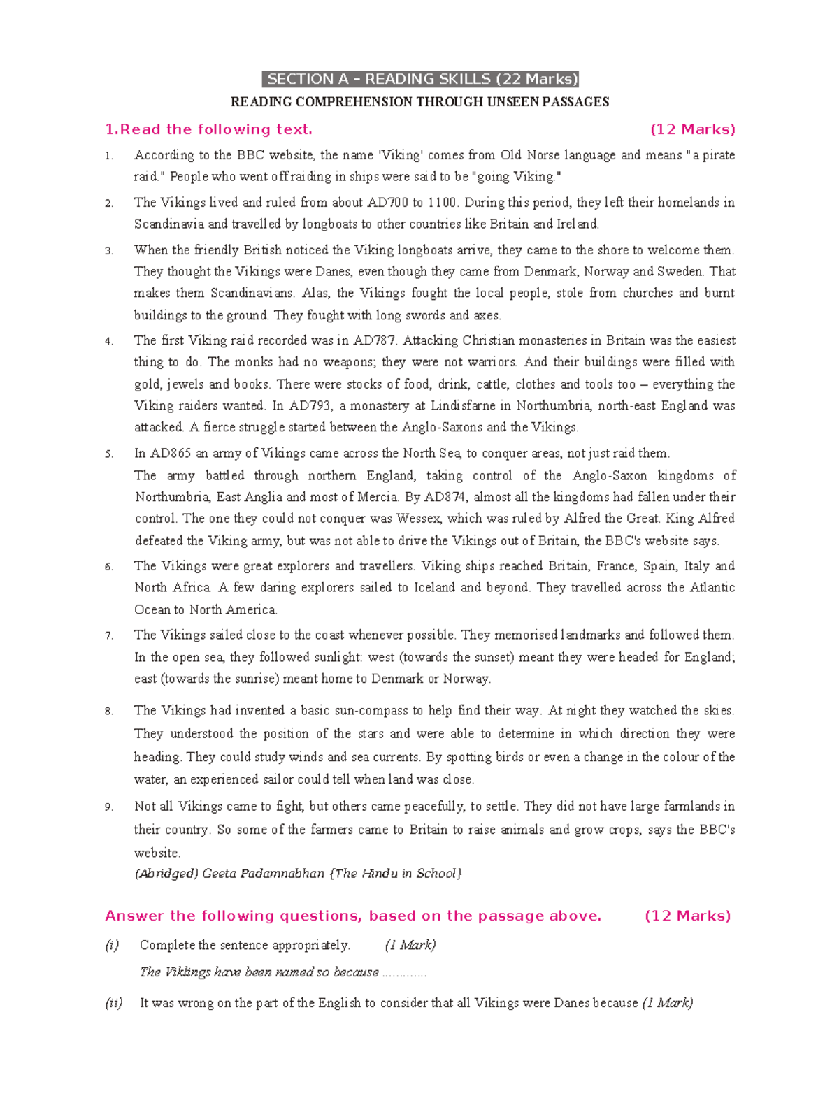 Class 12 Practice Paper 1 (2023-24) - SECTION A – READING SKILLS (22 ...