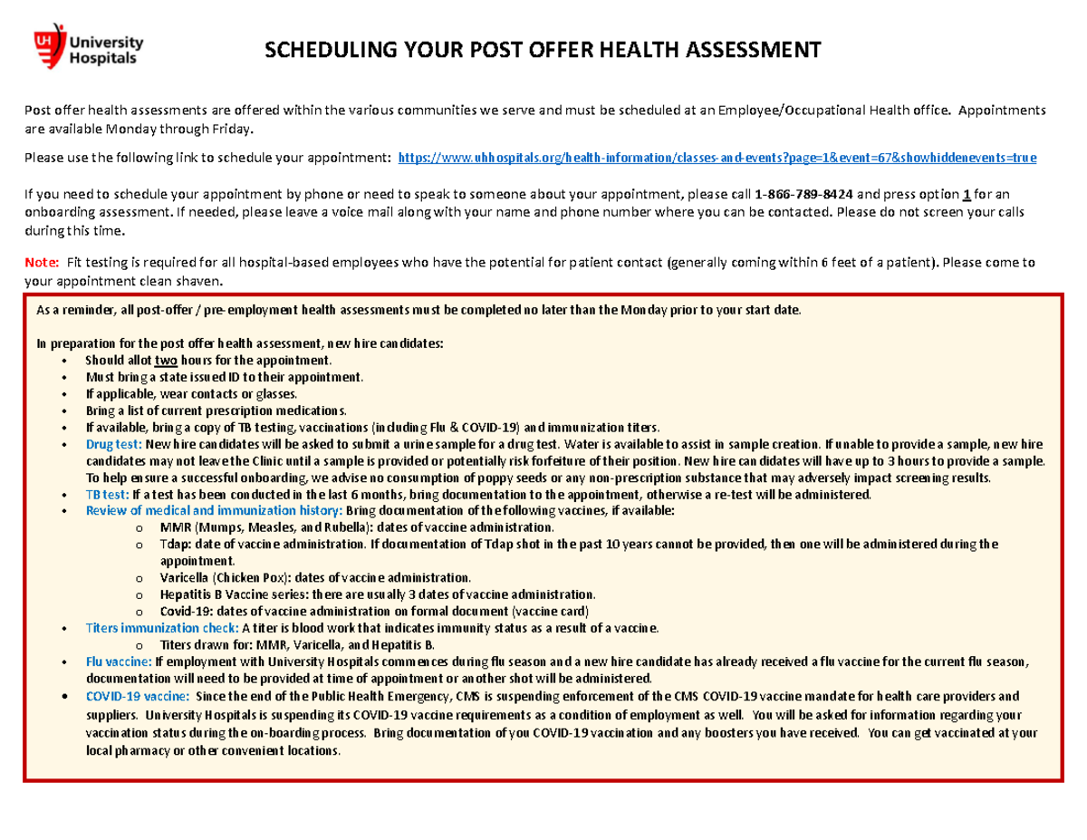 Health Assessment - SCHEDULING YOUR POST OFFER HEALTH ASSESSMENT Post ...