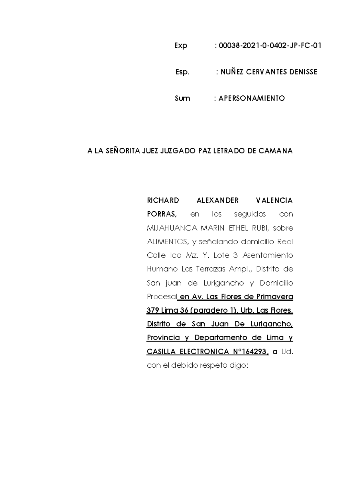 Apersonamiento richard porras - Exp : 00038- 2021 - 0 - 0402 - JP-FC ...