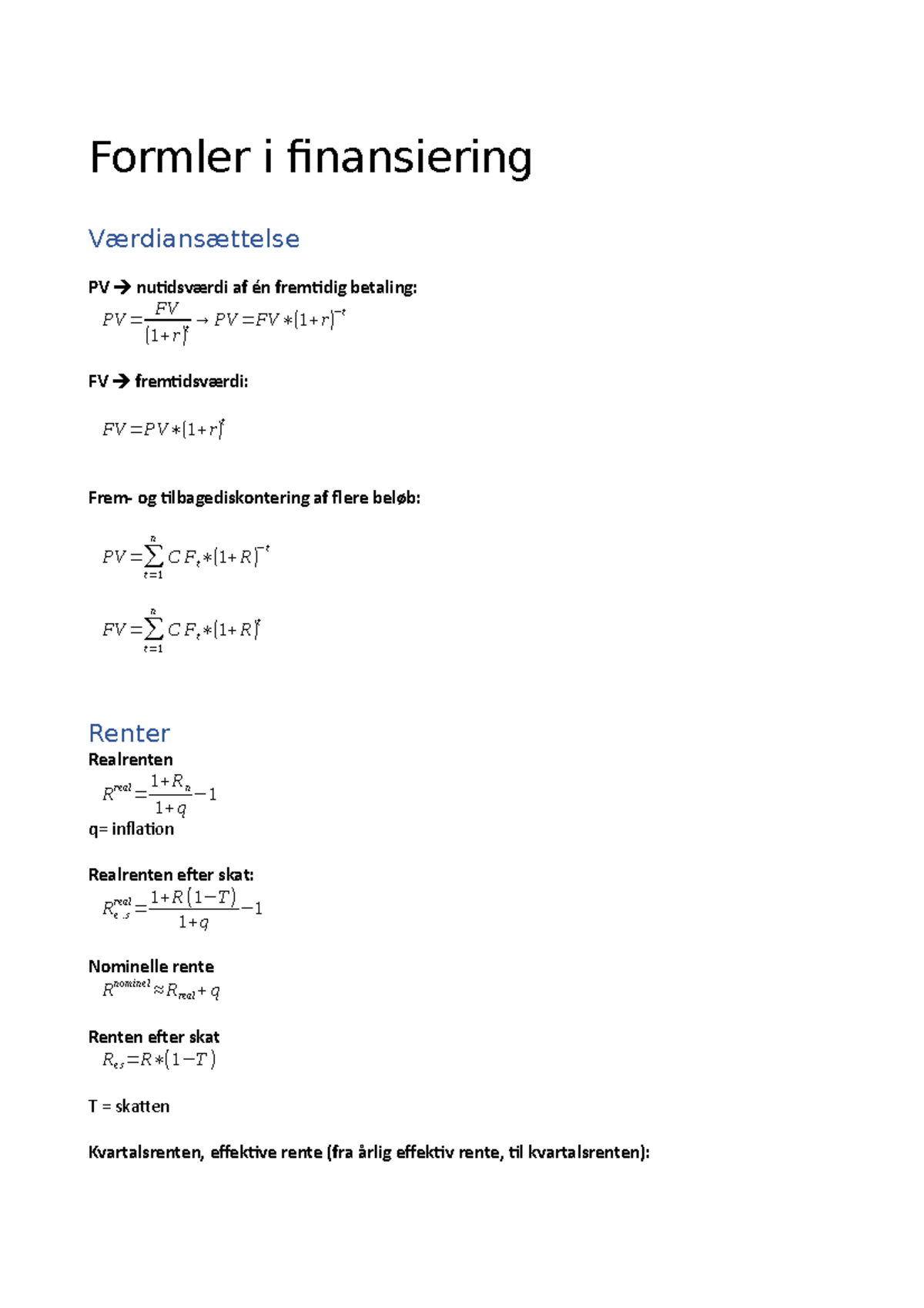 Formler i finansiering - Formler i finansiering Værdiansættelse PV ...