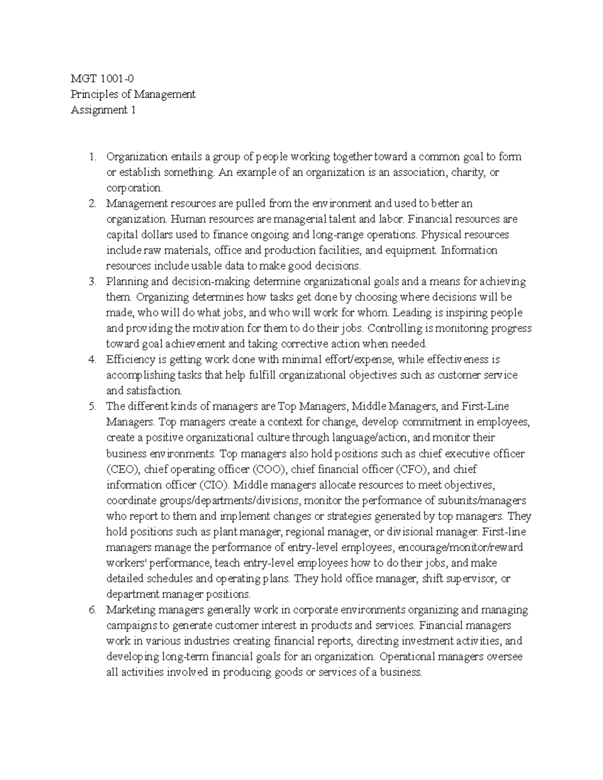 Assignment 1 - MGT 1001 - Vocabulary Terms - MGT 1001- Principles of ...