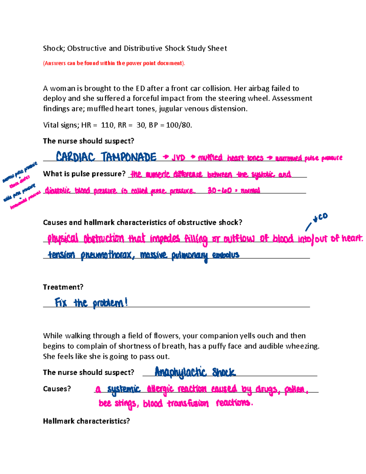 10. Shock Obstructive and Distributive Study Sheet - Shock; Obstructive ...