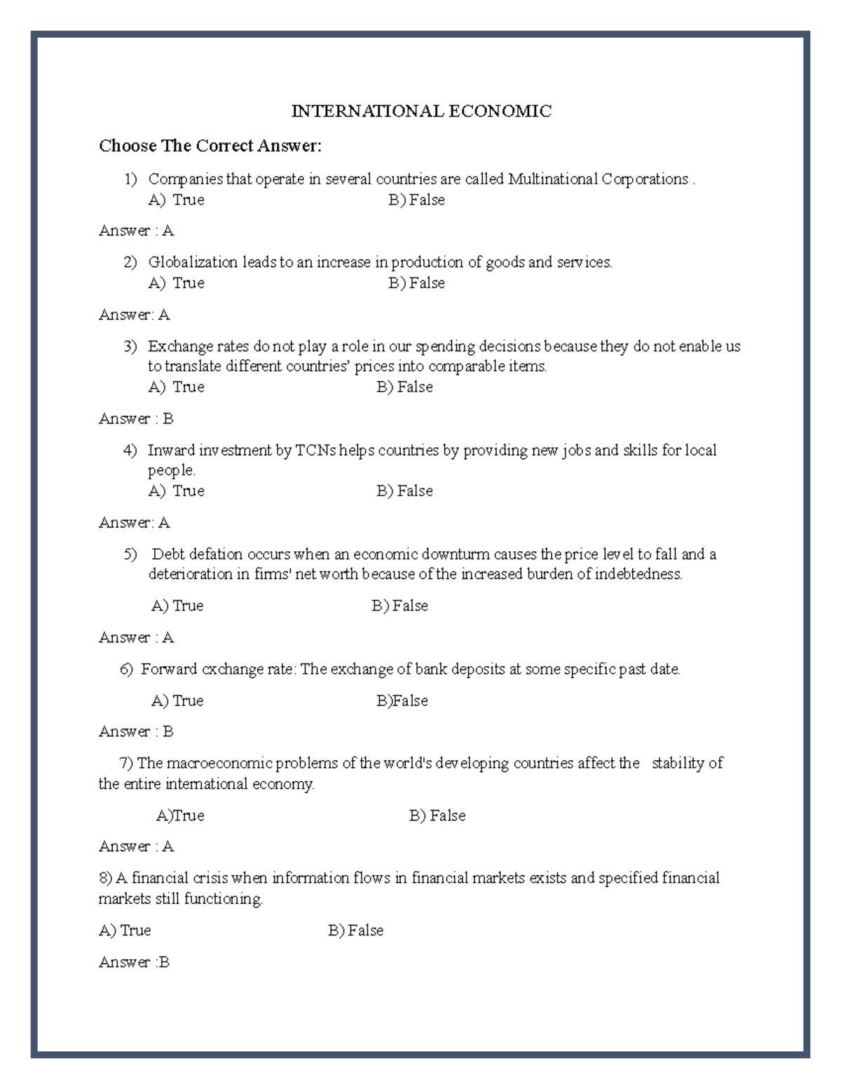 Final 2022 - International Economics - INTERNATIONAL ECONOMIC Choose ...