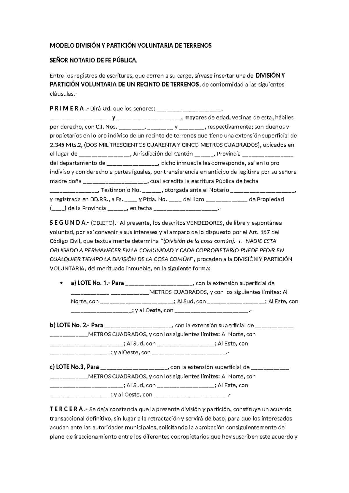 Modelo División Y Partición Voluntaria DE Terrenos - MODELO DIVISIÓN Y ...
