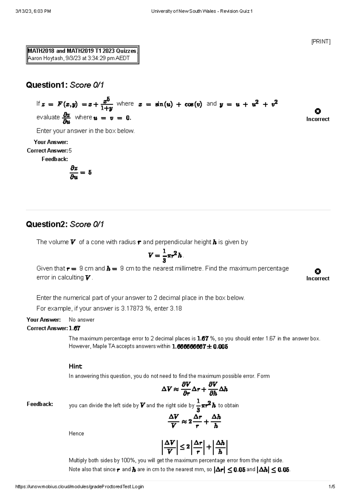University of New South Wales - Revision Quiz 1 - ####### [PRINT] ####### MATH2018 and MATH2019 ...