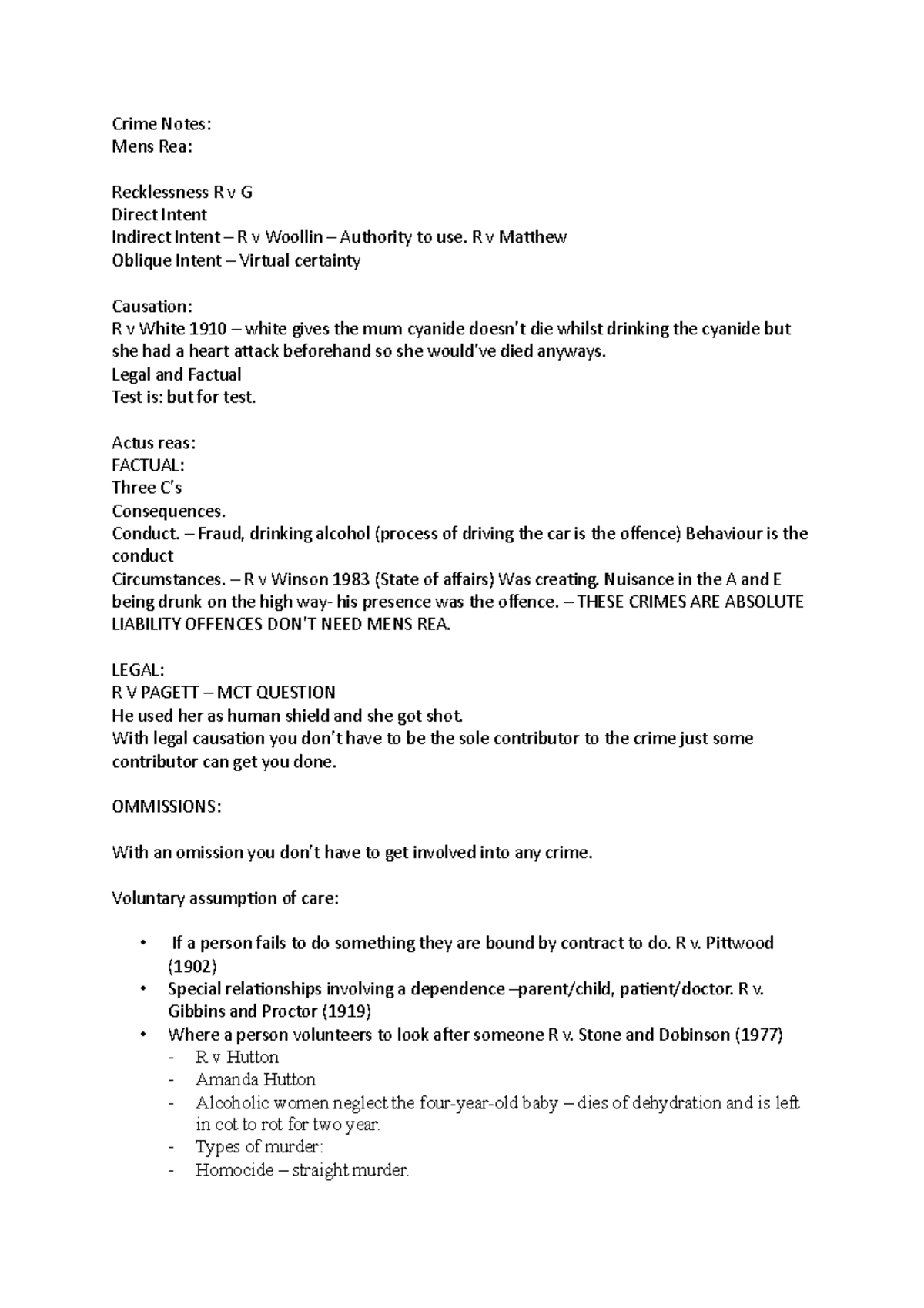 Crime Notes - Crime Notes: Mens Rea: Recklessness R v G Direct Intent ...