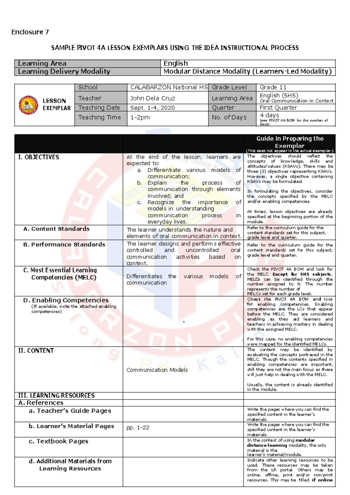 Pdfcoffee - LESSON EXEMPLAR - Enclosure 7 S AMPLE PIV O T 4 A LE SS O N E XE MPLARS U S I N G ...