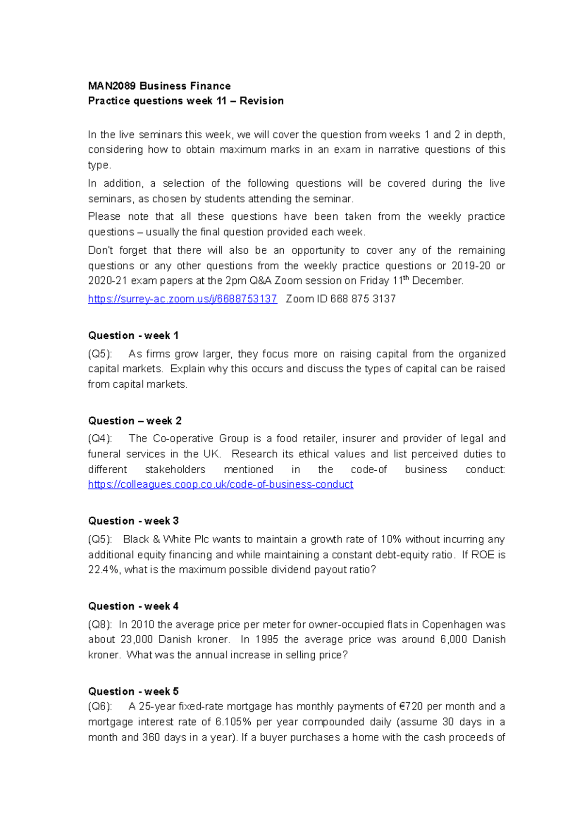 Practice questions - week 11 - MAN2089 Business Finance Practice ...