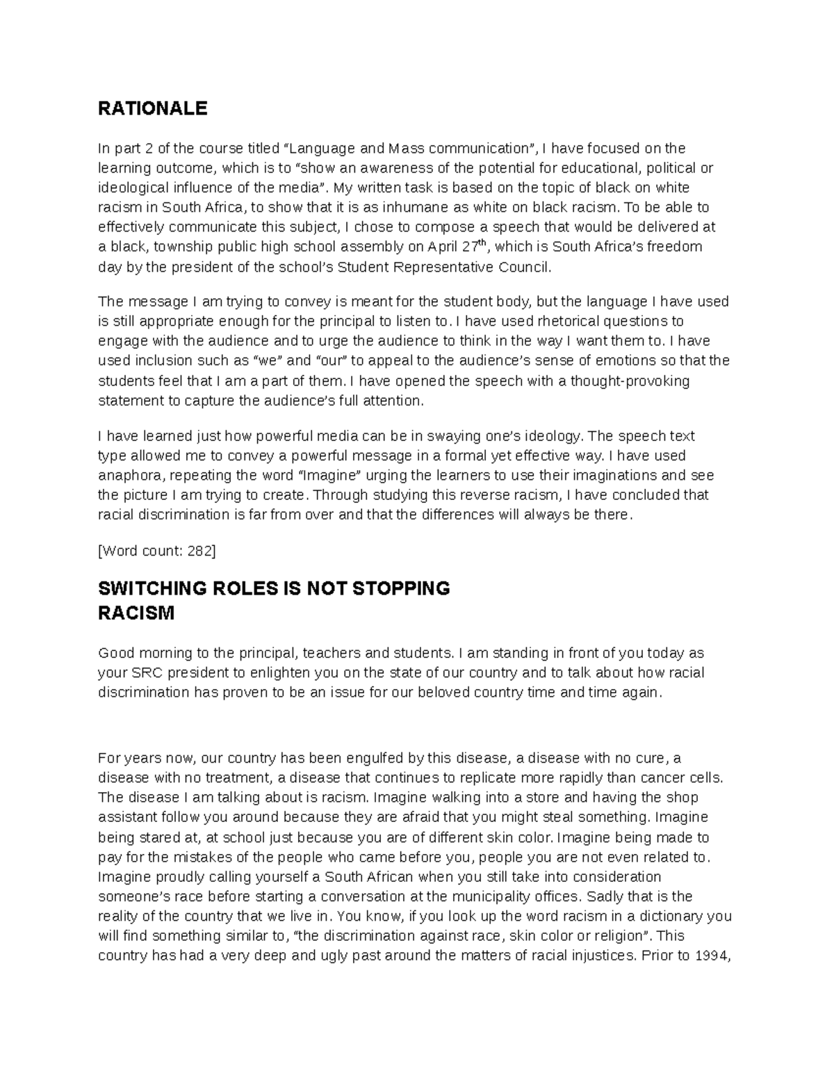 English Written Assignment - RATIONALE In part 2 of the course titled ...