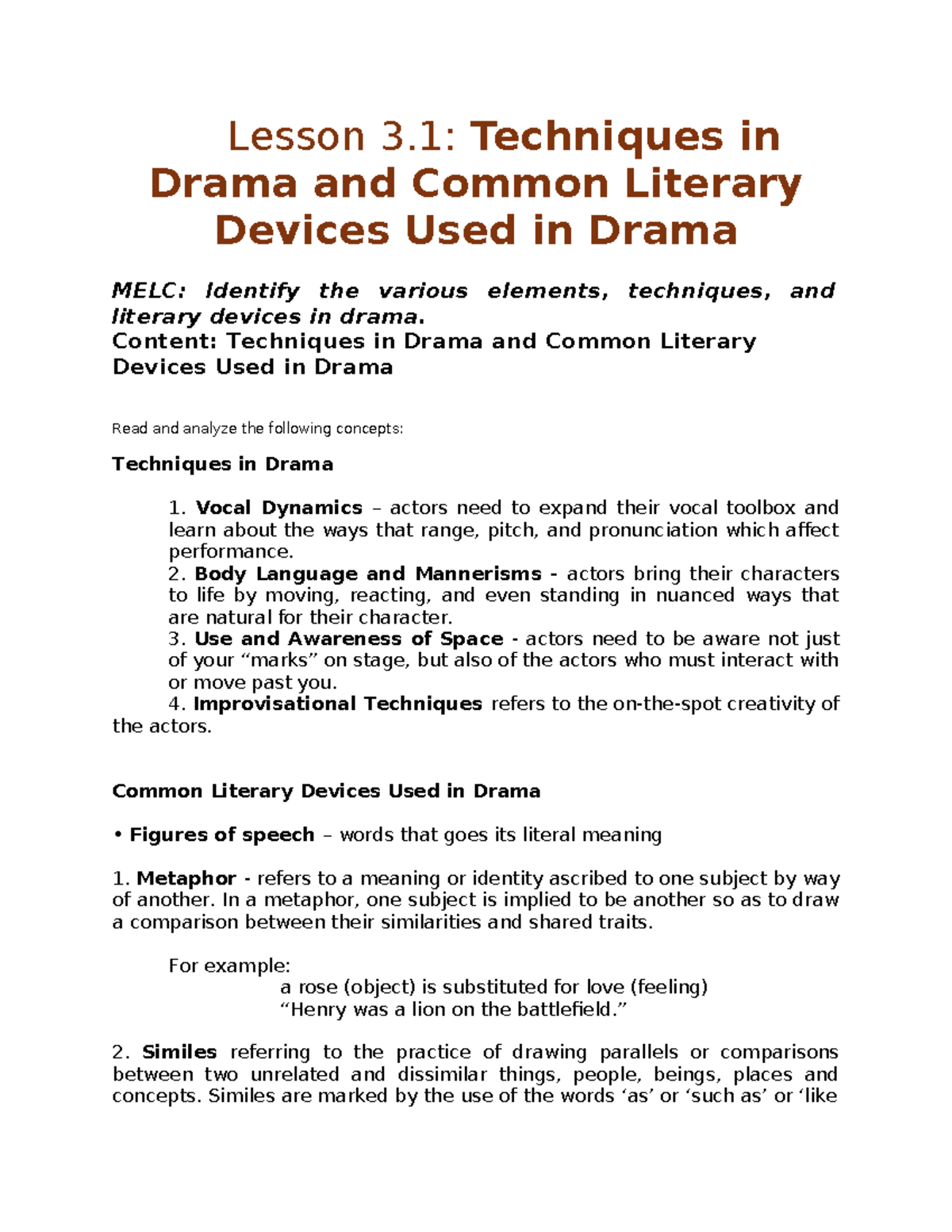 Creative Writing - Lesson 3: Techniques in Drama and Common Literary ...