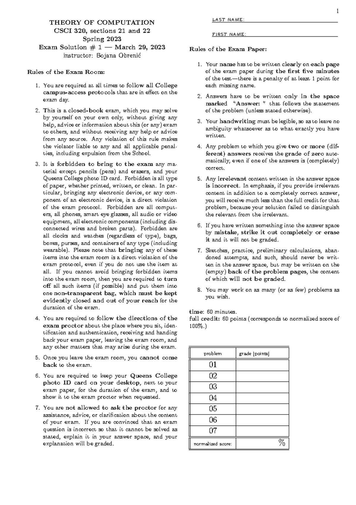 Solition-Exam-1 1 - Solutions of this Exam fall 2023 - THEORY OF COMPUTATION CSCI 320, sections ...
