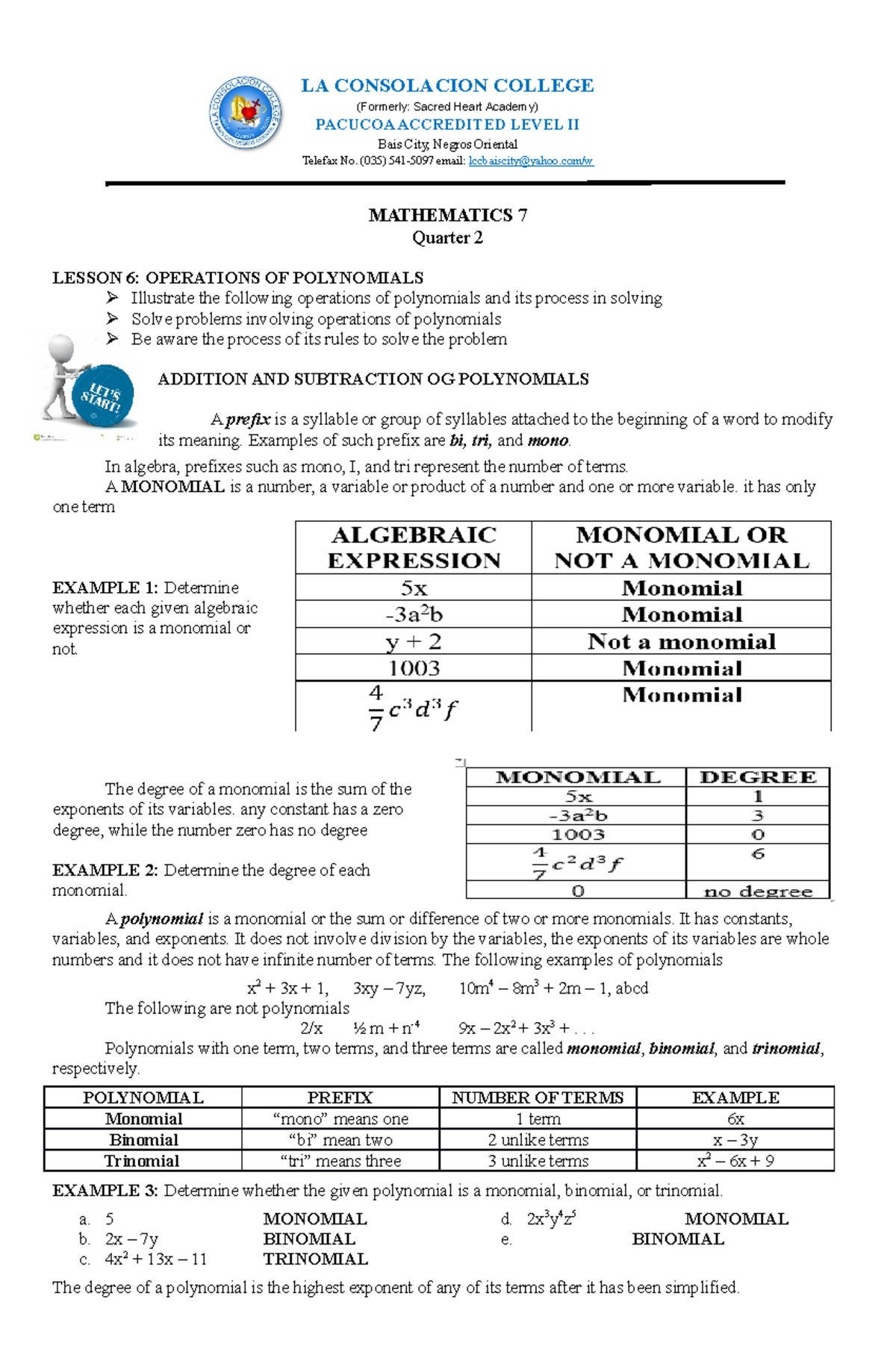 Math 7 - Operations of polynomials - LA CONSOLACION COLLEGE (Formerly ...
