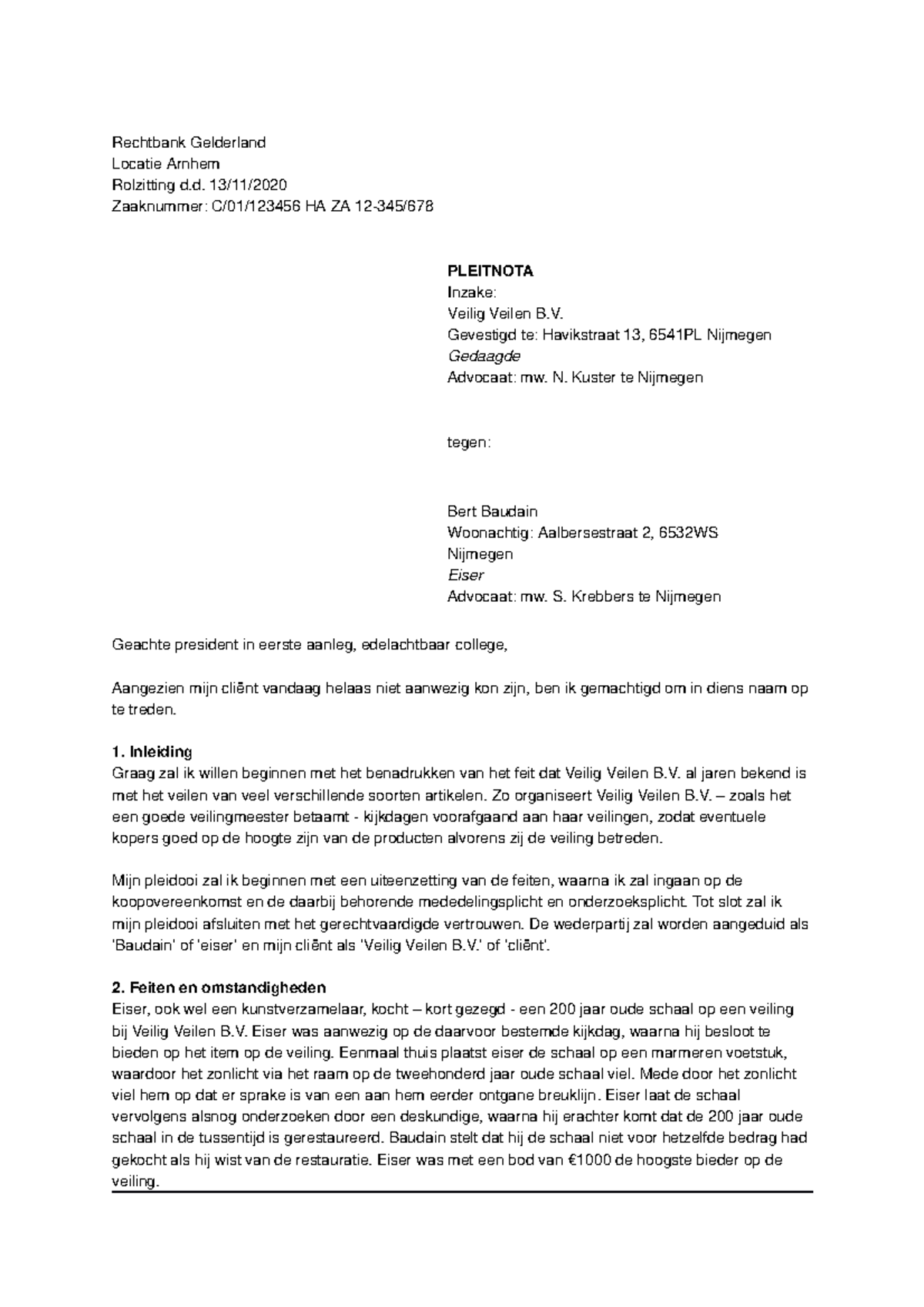 Pleitnota Rota Carolina, m.b.t. dwaling en een veiling - Rechtbank ...