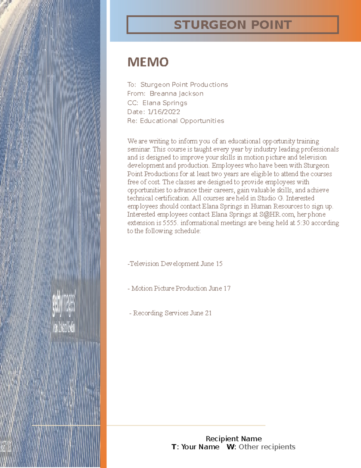 MEMO - Sturgeon Point Productions - MEMO To: Sturgeon Point Productions ...