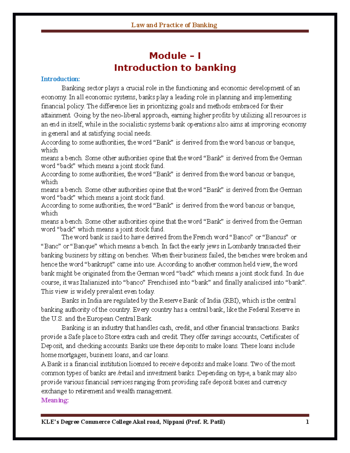 Banking trail notes - Module – I Introduction to banking Introduction ...