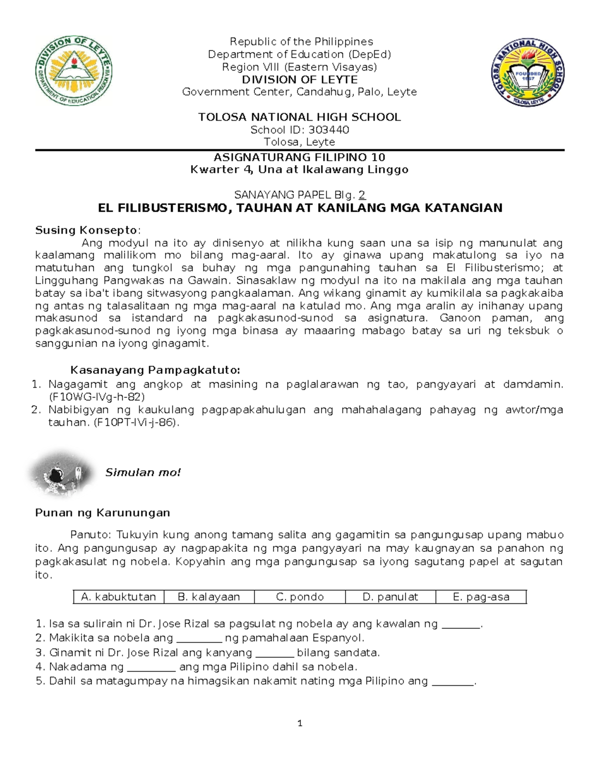 LAS Q4 W3 4 FIL 10 - module in filipino - Republic of the Philippines ...