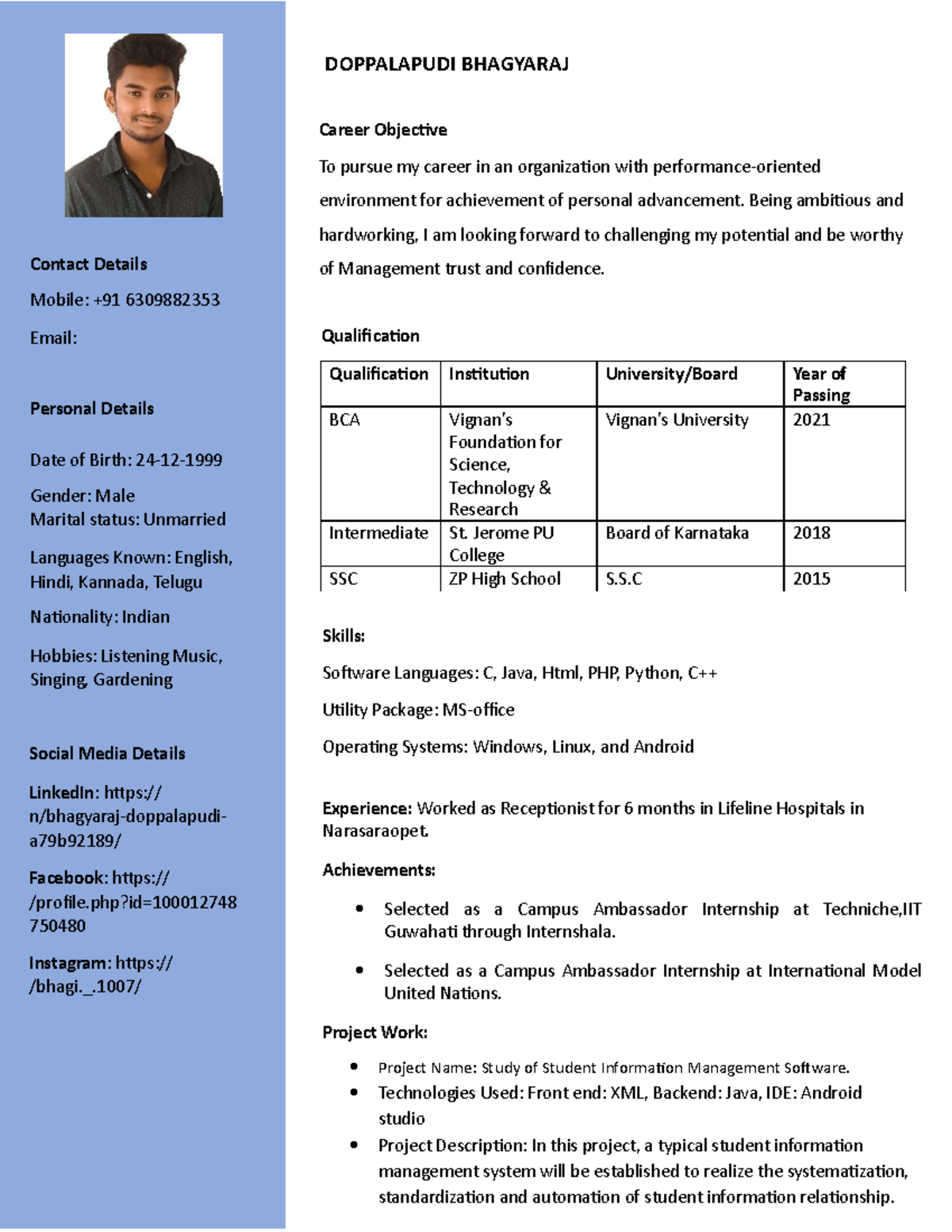 Resume bhagi - hdfsbcnjkc - Contact Details Mobile: +91 6309882353 ...