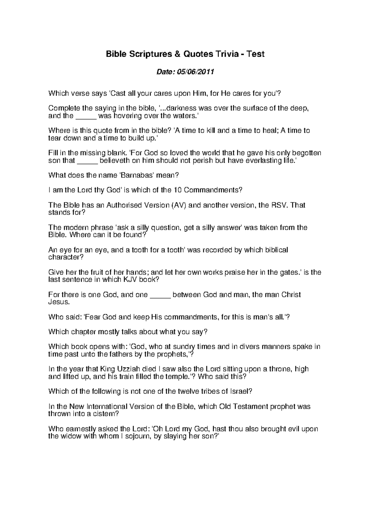 Bible Scriptures & Quotes Trivia Test 71 - Bible Scriptures & Quotes ...