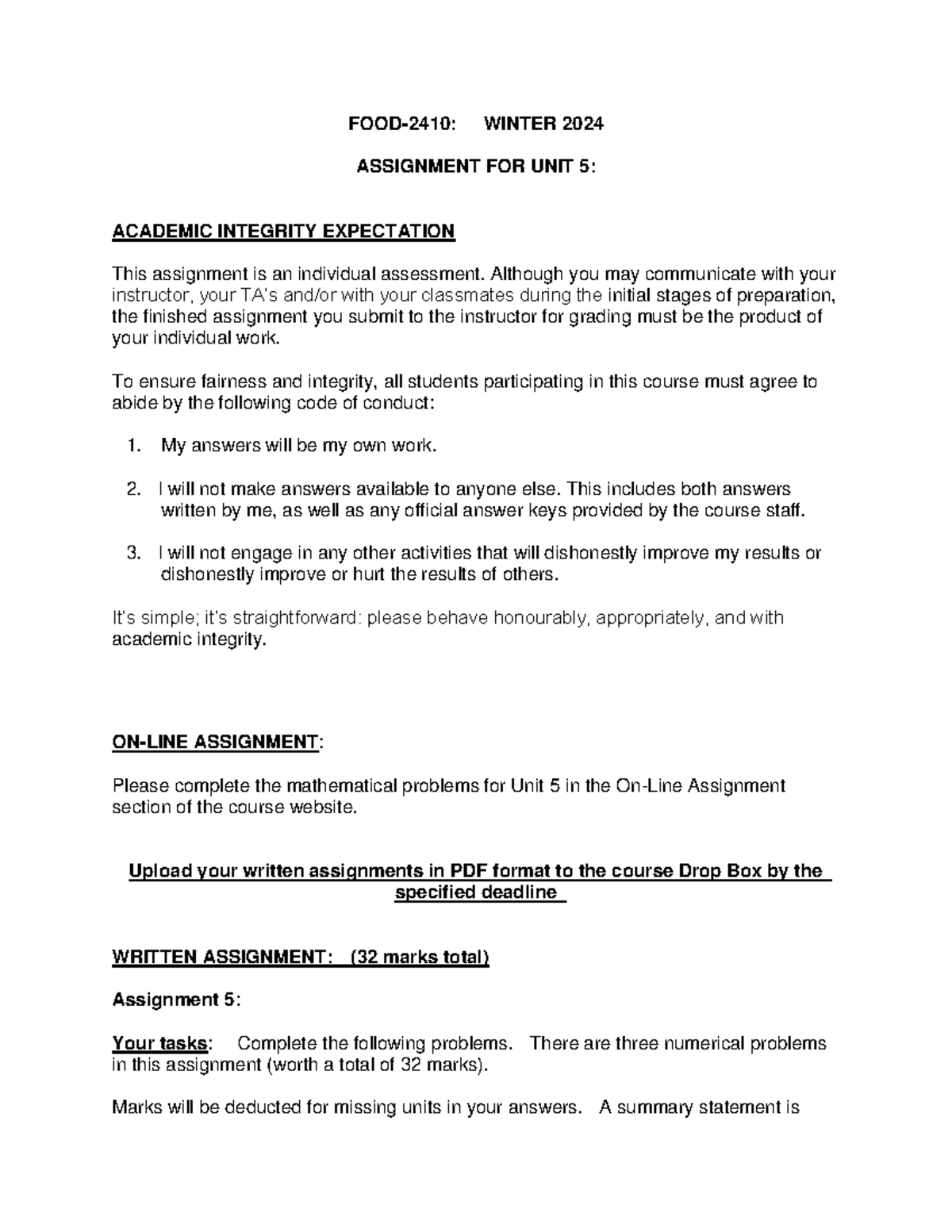2410-Assign 5-W24 - assignment - FOOD-2410: WINTER 20 24 ASSIGNMENT FOR ...