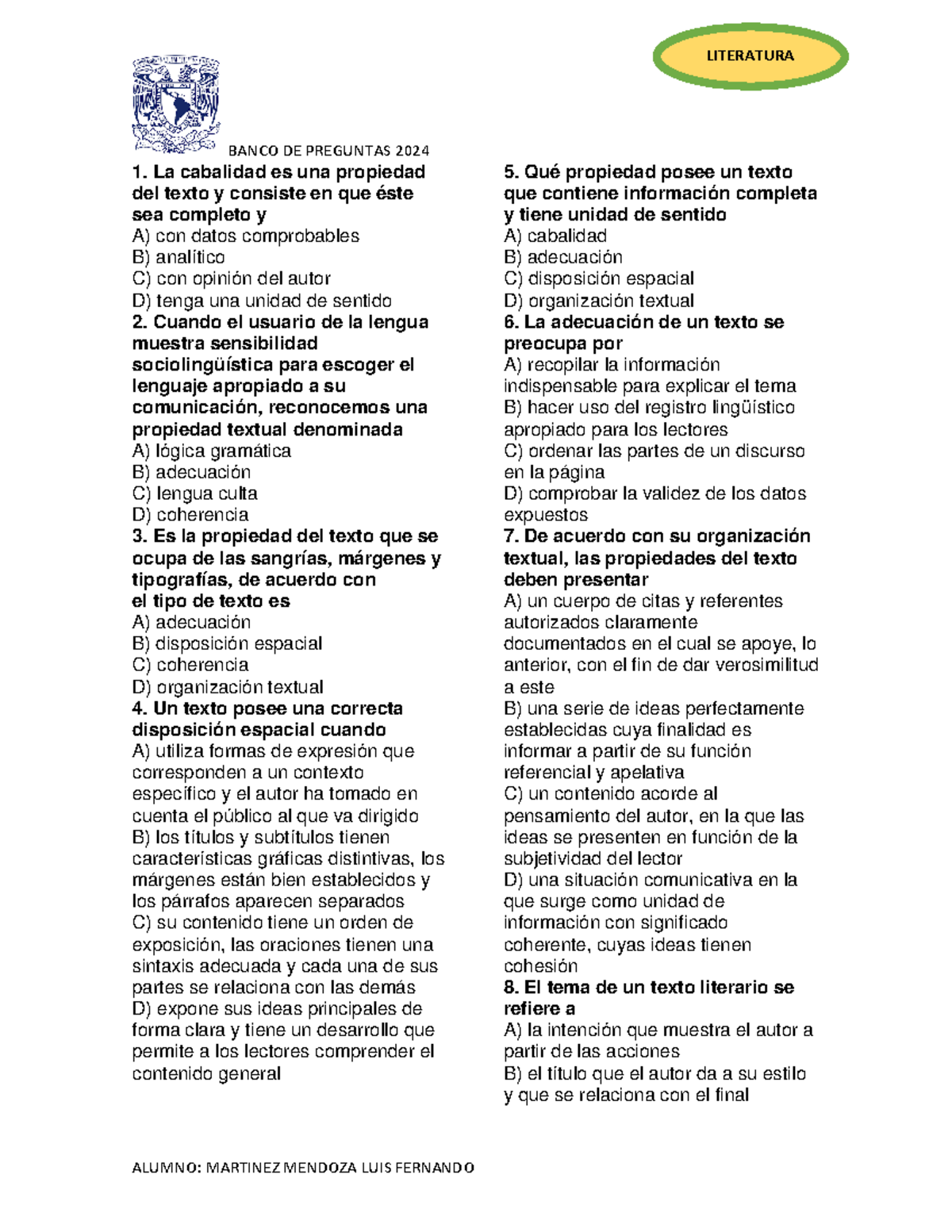 Banco DE Preguntas Español - BANCO DE PREGUNTAS 202 4 La cabalidad es ...