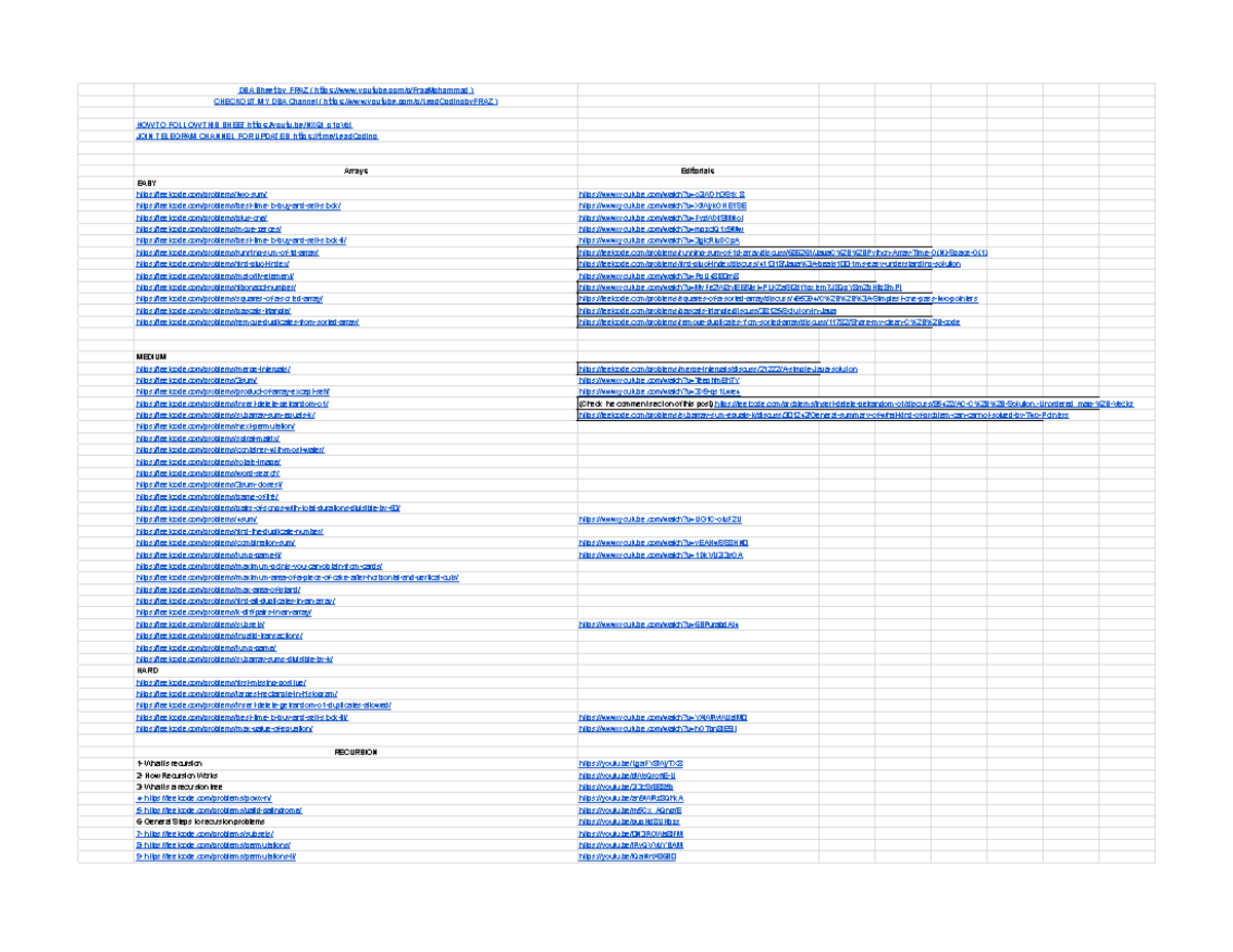 Leetcode DSA sheet by Fraz - Google Sheets - DSA Sheet by FRAZ ( youtube/c/FrazMohammad ...