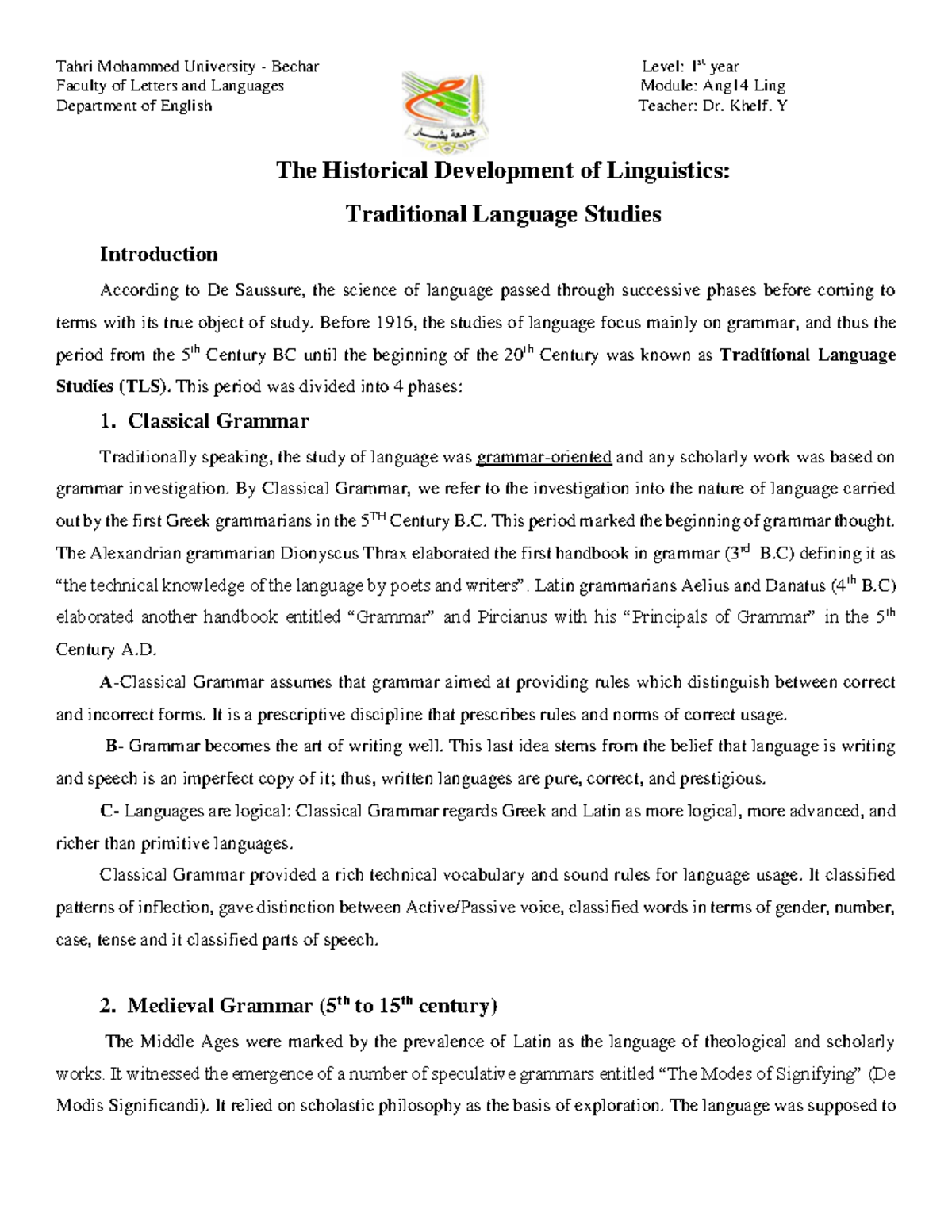 The historical development of linguistics Lesson 4 - Tahri Mohammed ...
