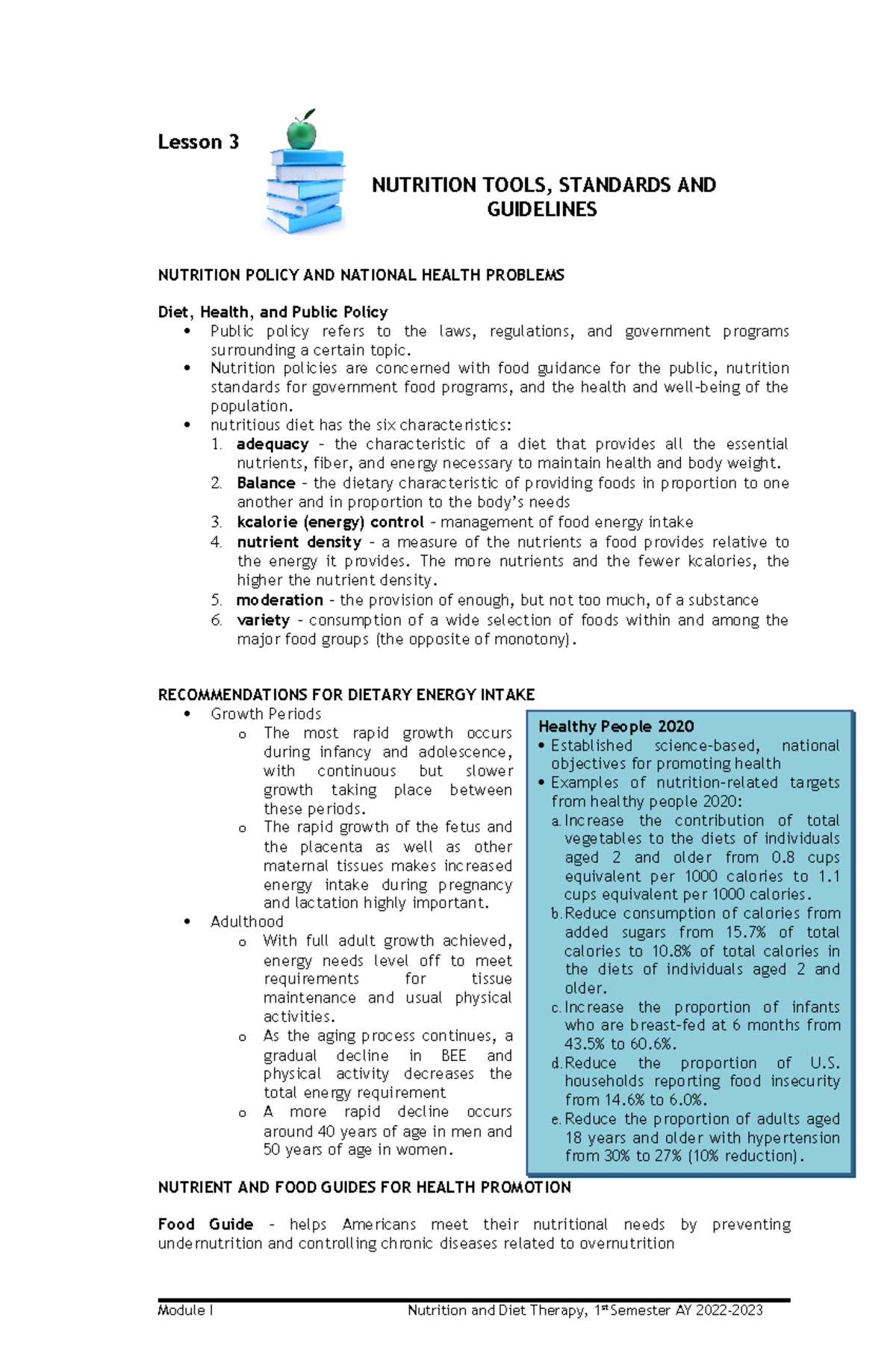 M1 Lesson 3 - .... - Lesson 3 NUTRITION POLICY AND NATIONAL HEALTH ...