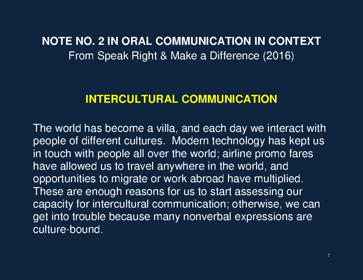 Note 2- Intercultural Communication - NOTE NO. 2 IN ORAL COMMUNICATION ...