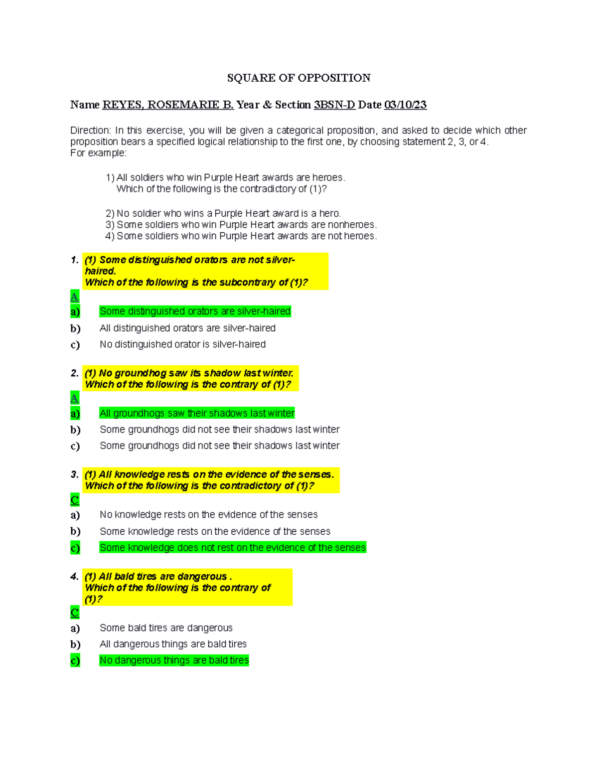 LOG101 Exercise No. 4 - Square of Opposition - SQUARE OF OPPOSITION ...