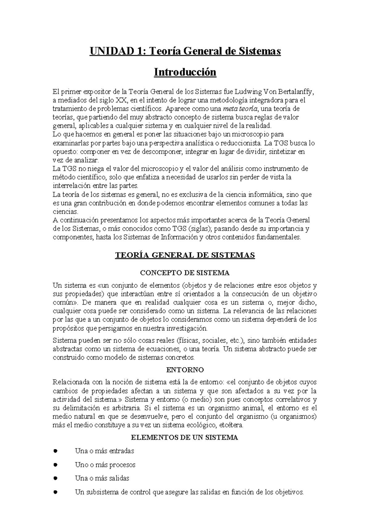 Resumen Sistemas de Información I - UNIDAD 1: Teoría General de Sistemas Introducción El primer ...
