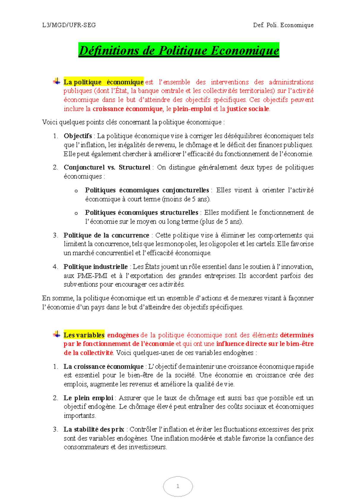 Définitions Politique Economique - Ces objectifs peuvent inclure la ...