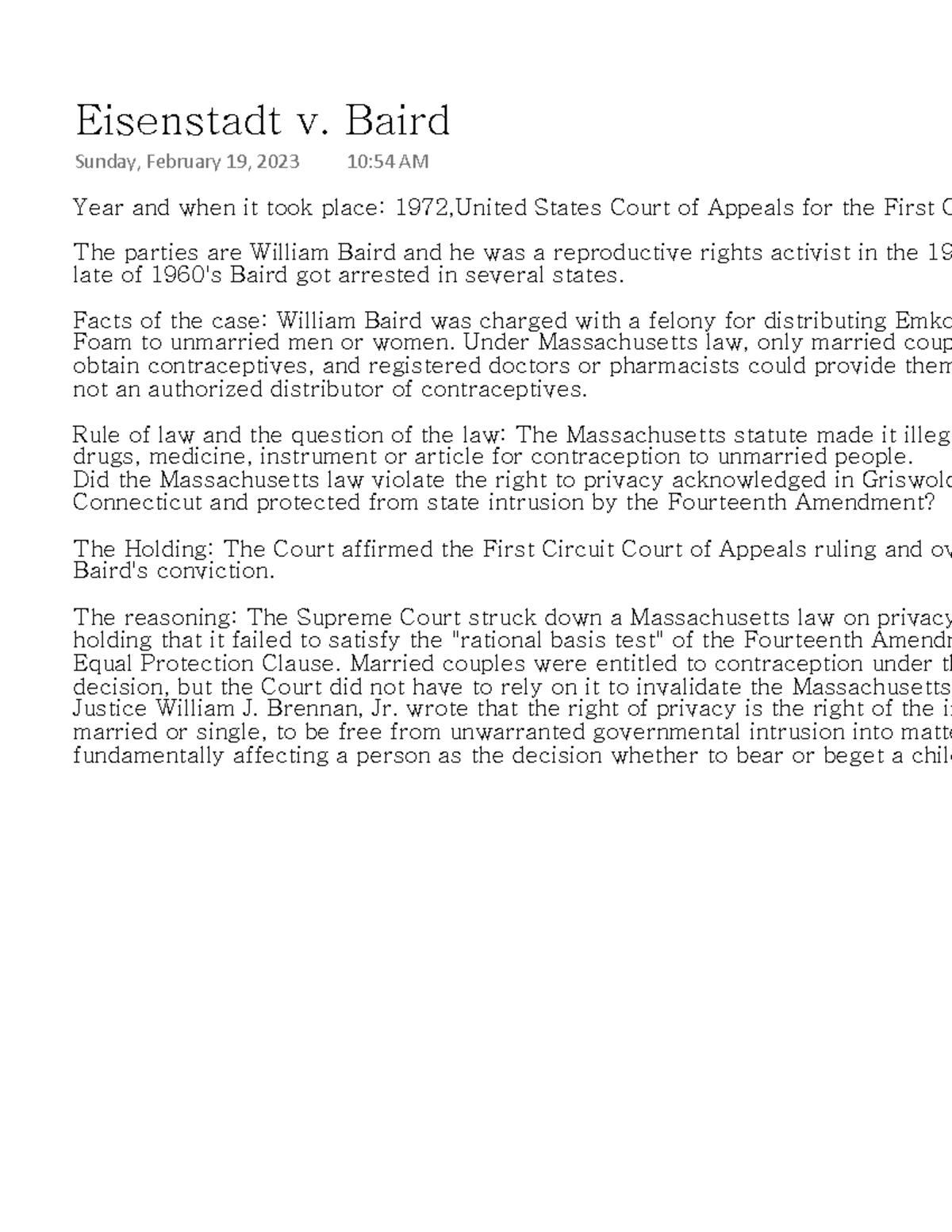 Eisenstadt v. Baird - case brief and notes - Year and when it took ...