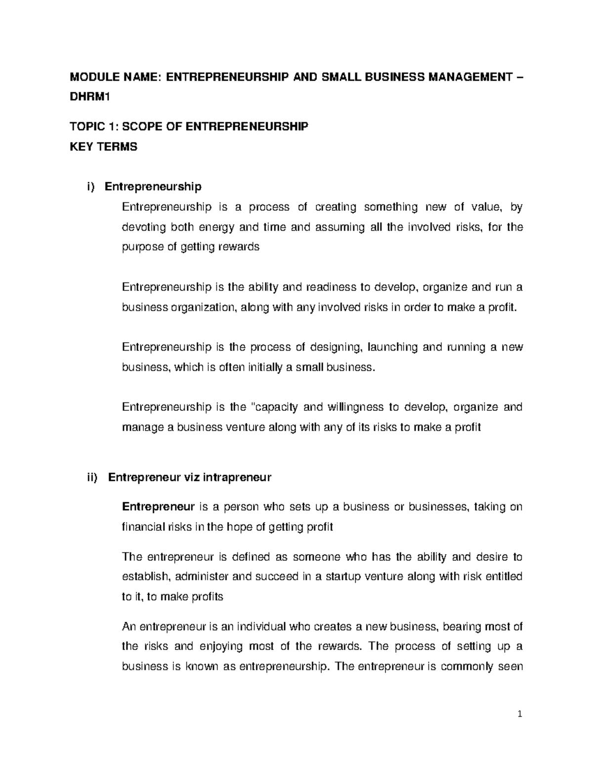 Entrepreneurship Notes - DHRM - MODULE NAME: ENTREPRENEURSHIP AND SMALL ...