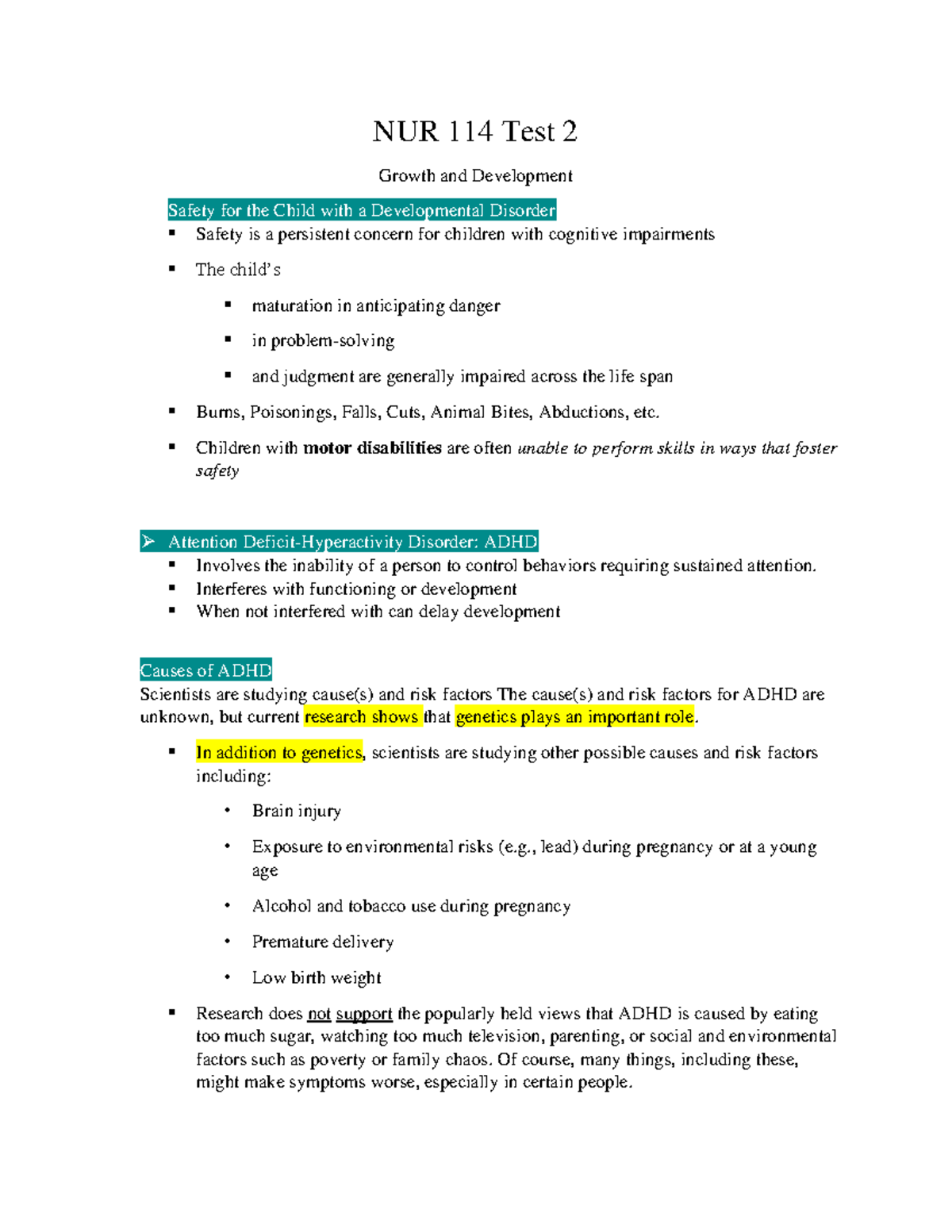 NUR 114 Test 2 - Notes on ADHD - NUR 114 Test 2 Growth and Development ...