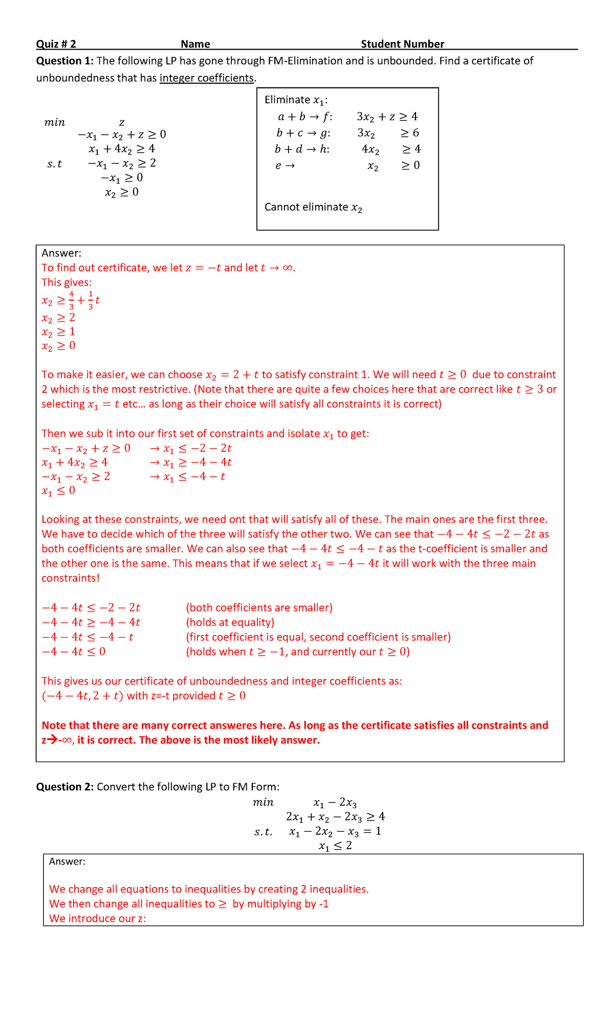 Quiz 2 - Solutions - Past Quiz - Quiz # 2 Name Student Number Question 1: The following LP has ...