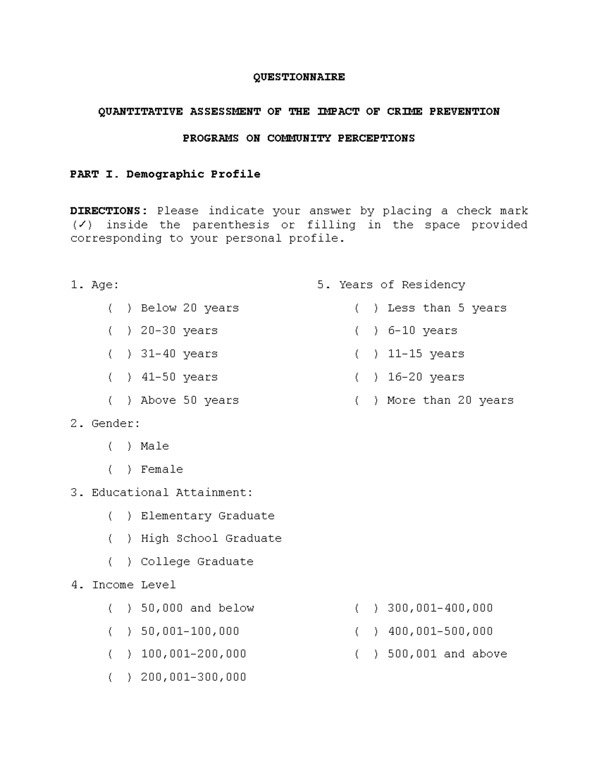 Questionnaire - QUESTIONNAIRE QUANTITATIVE ASSESSMENT OF THE IMPACT OF ...