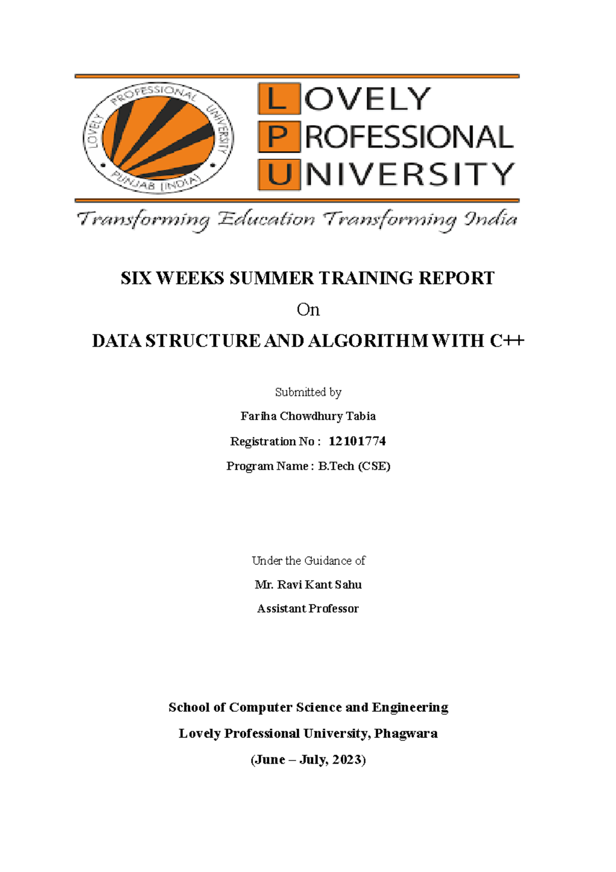 SIX WEEKS SUMMER TRAINING REPORT Final - SIX WEEKS SUMMER TRAINING REPORT On DATA STRUCTURE AND ...