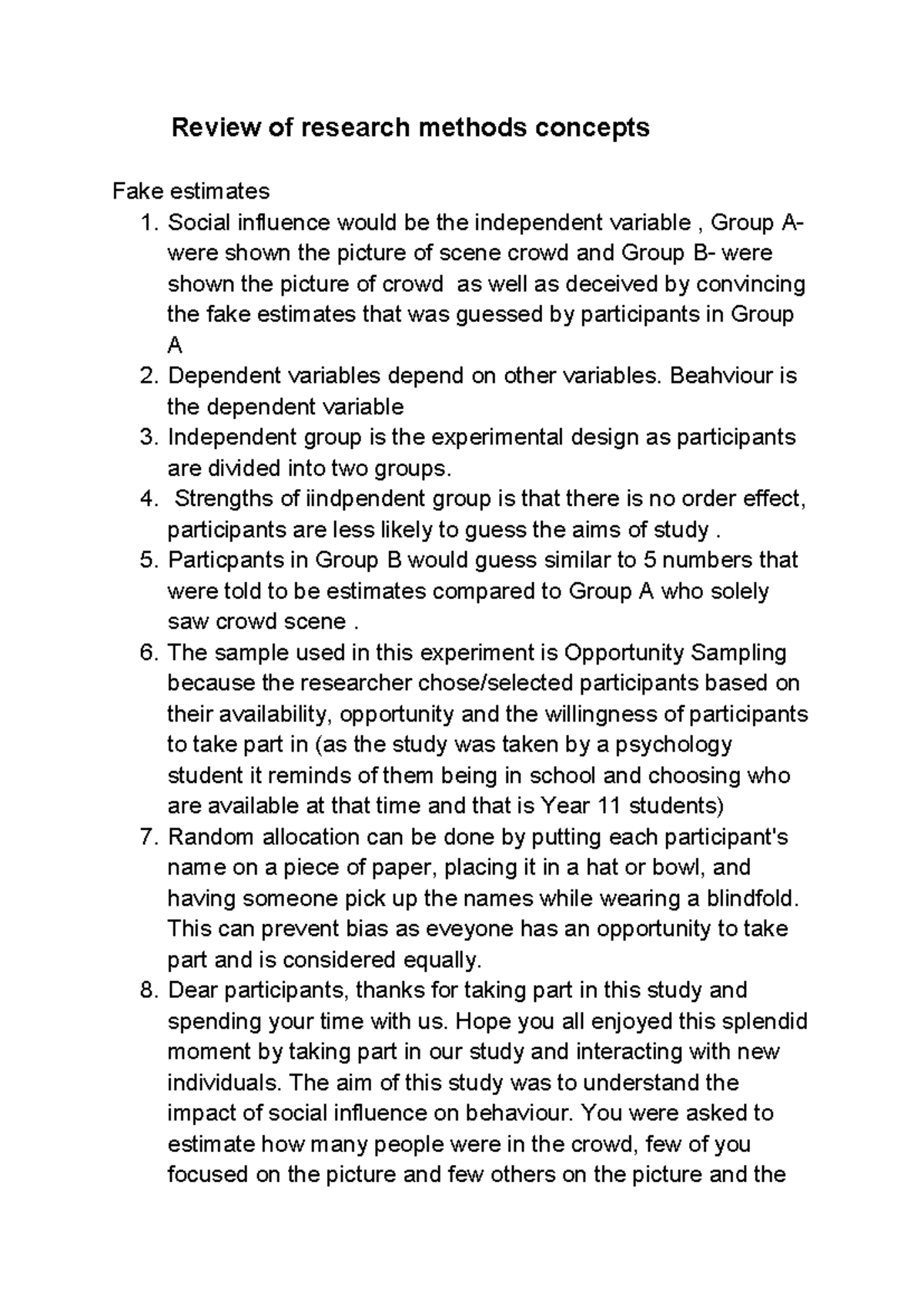 Review of research methods concepts - Social influence would be the independent variable , Group ...