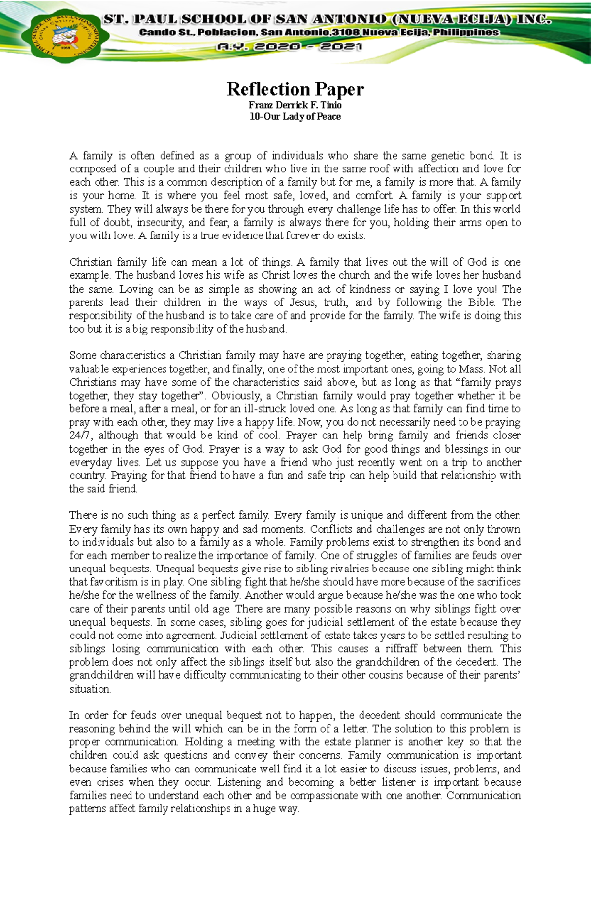 Franz Reflection Paper IN Christian Living - Psychology - Studocu