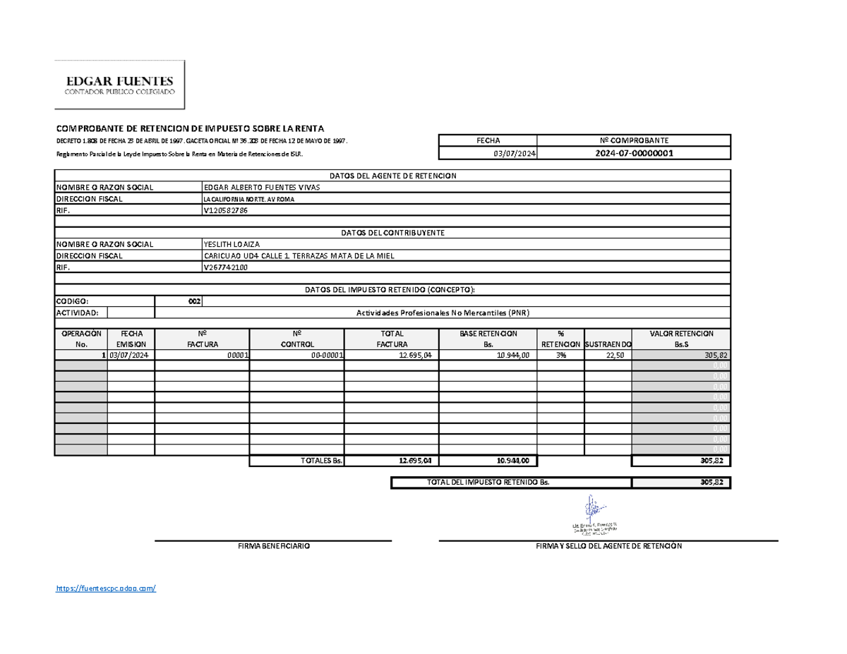 Emplo de comprobante de retención de islr - DECRETO 1 DE FECHA 23 DE ...