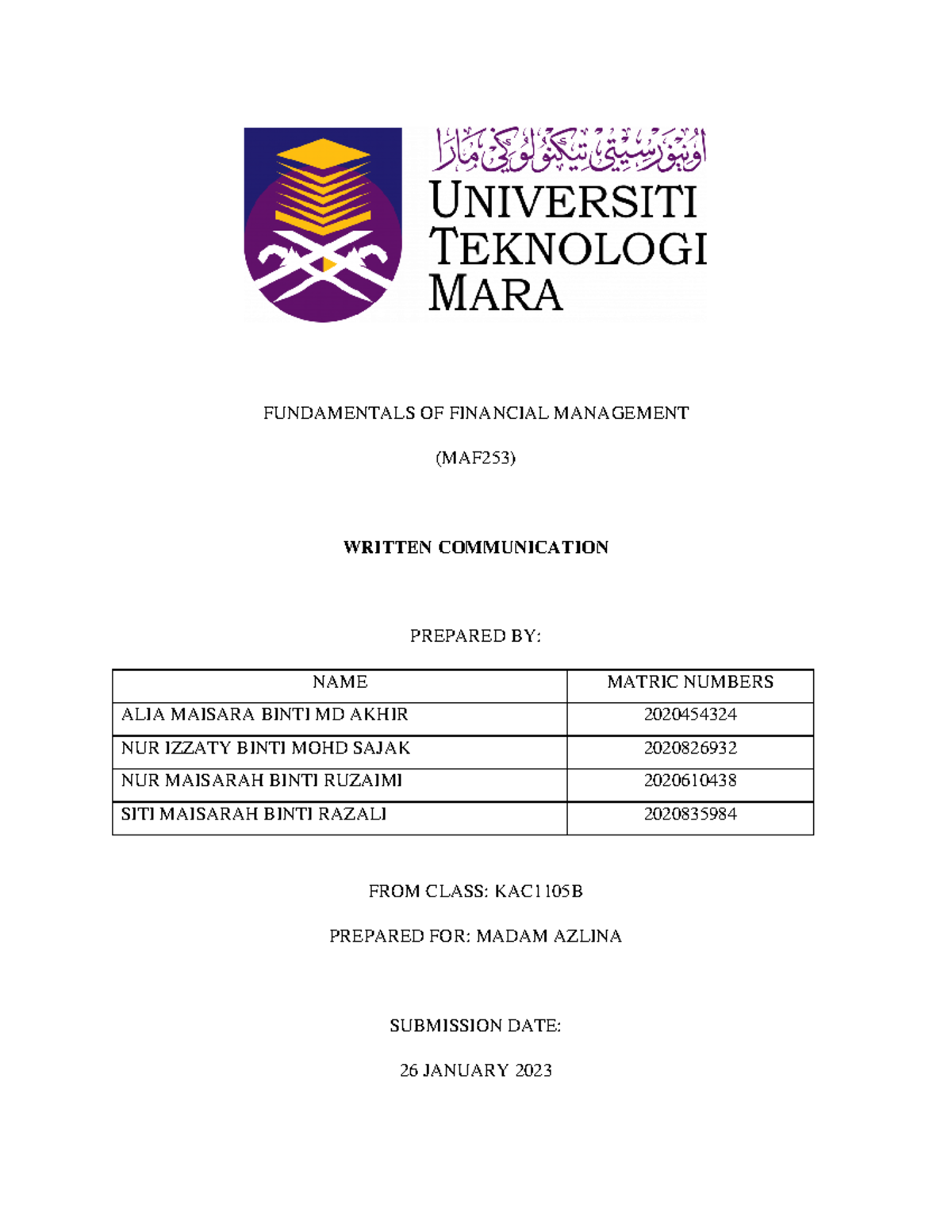 MAF253 Group Assignment ( Investment Appraisal) - FUNDAMENTALS OF ...