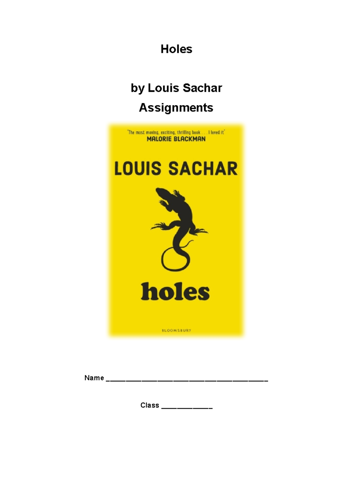 Assignments-Holes-Louis-Sachar-2- Holes by Louis Sachar Assignments ...