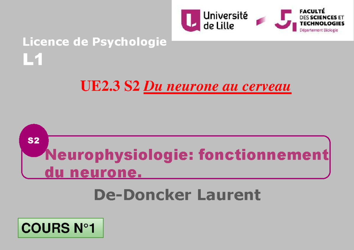 Poly Cours L1 Neurophysio N°1 2024 - De-Doncker Laurent S Neurophysiologie: fonctionnementdu ...