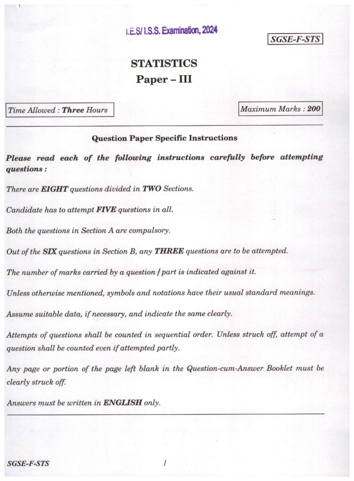 QP IES ISS 24 Statistics Paper III 240624 - I.S. Examination, 2024 ...