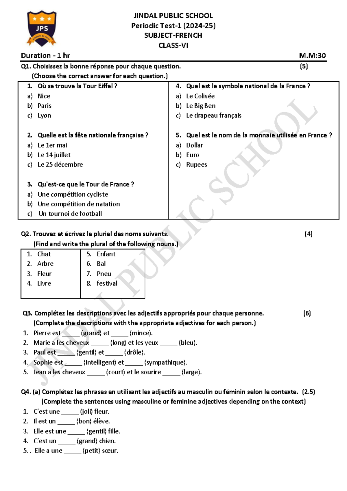 Class 6th P.T 1 - Papers - JINDAL PUBLIC SCHOOL Periodic Test- 1 (20 24 ...