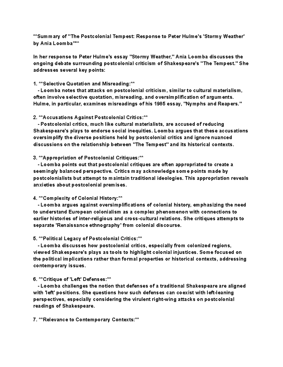 Ania Loomba - Key Points - Summary of "The Postcolonial Tempest ...