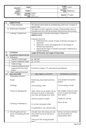 Lesson PLAN-G9 - N/A - Page 1 of 3 GRADES 1 to DAILY LESSON LOG School ...