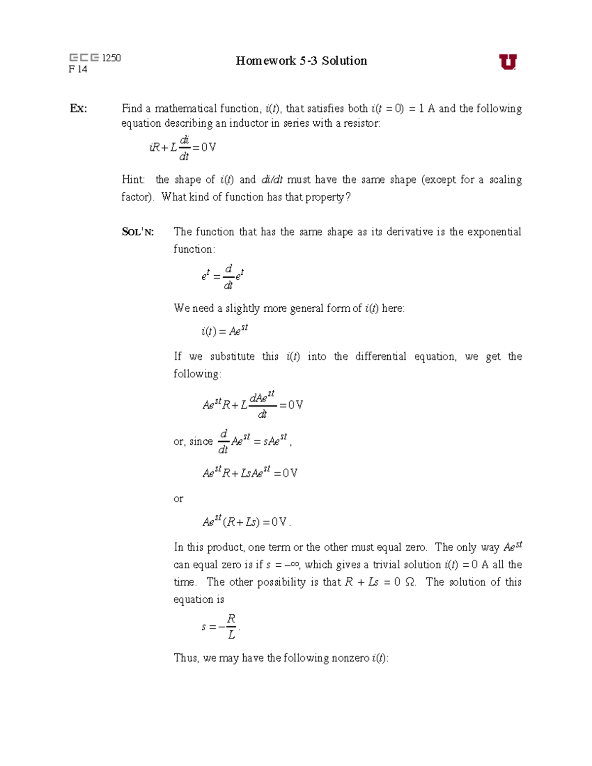 ECE1250F14 HW5 3p1soln - Homework Solution 1250 F 14 EX: Find a mathematical function, i(t ...